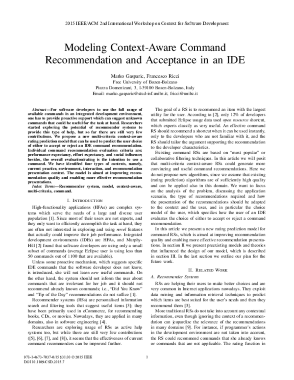 (PDF) Modeling Context-Aware Command Recommendation and Acceptance in an IDE