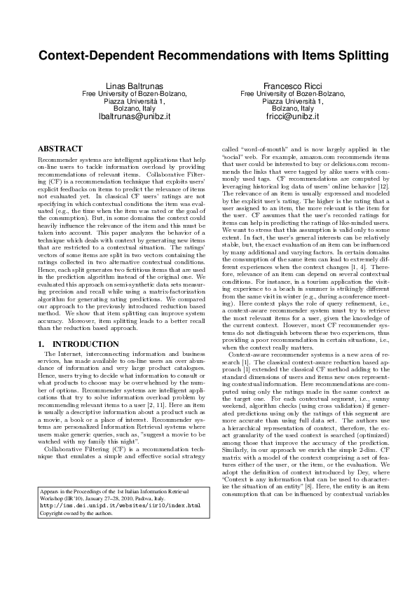 (PDF) Context-dependent recommendations with items splitting