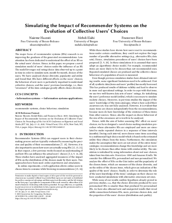 (PDF) Simulating the Impact of Recommender Systems on the Evolution of Collective Users' Choices