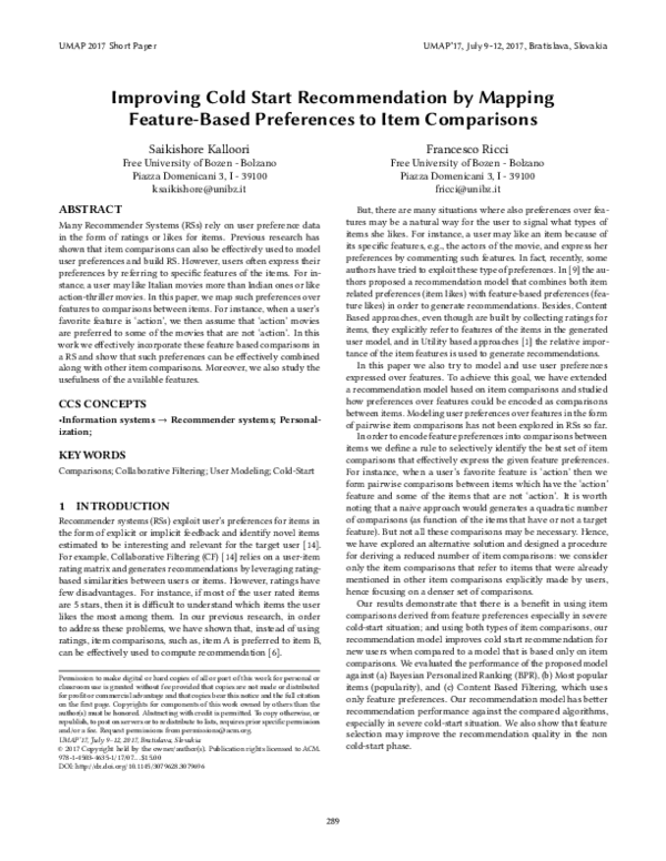 (PDF) Improving Cold Start Recommendation by Mapping Feature-Based ...