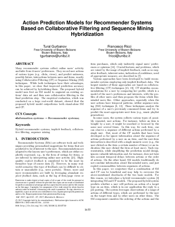 Pdf Action Prediction Models For Recommender Systems Based On