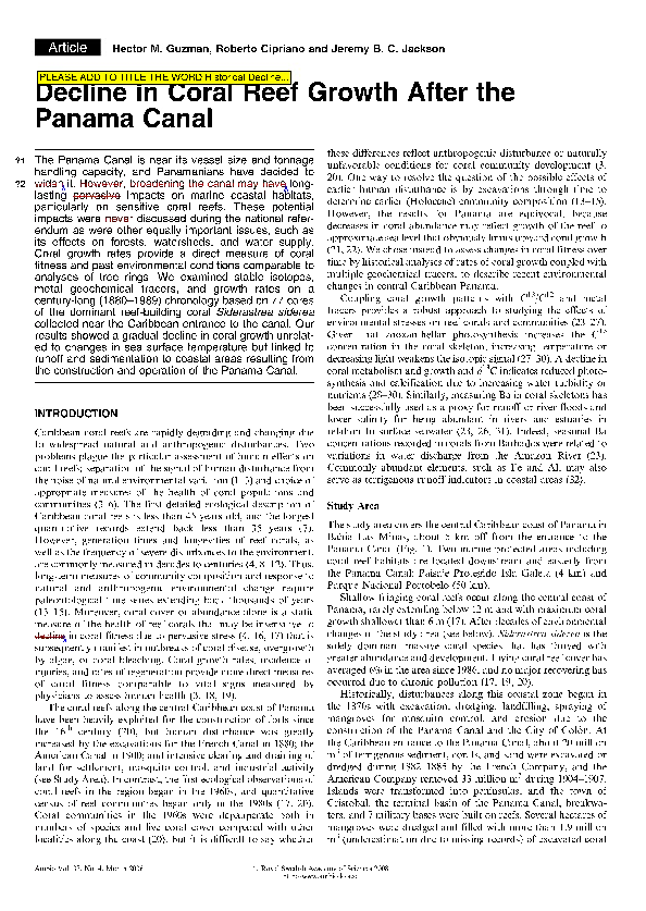 (PDF) Historical Decline in Coral Reef Growth after the Panama Canal
