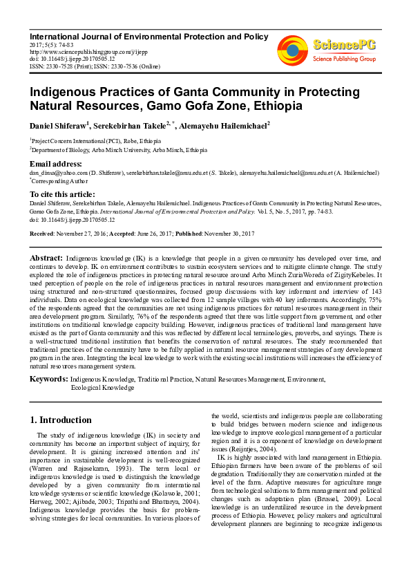 (PDF) Indigenous Practices of Ganta Community in Protecting Natural Resources, Gamo Gofa Zone ...