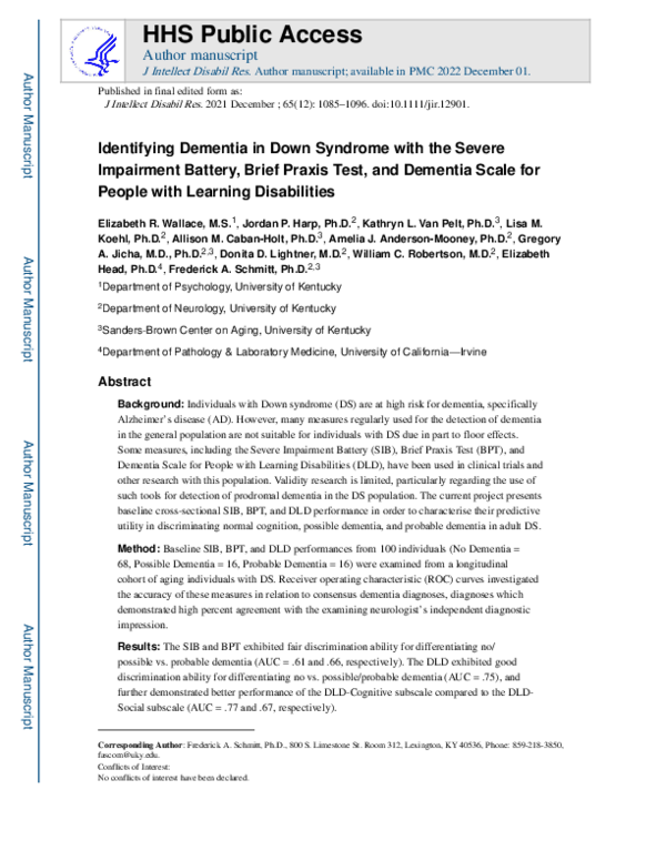 (PDF) Identifying dementia in Down syndrome with the Severe Impairment ...