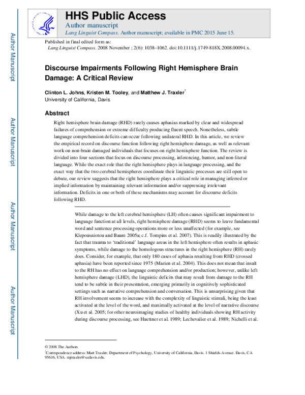 (PDF) Discourse Impairments Following Right Hemisphere Brain Damage: A ...