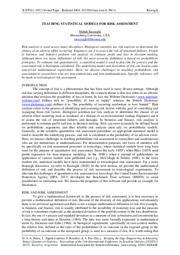 (PDF) Teaching Statistical Models for Risk Assessment