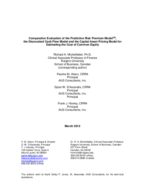 (PDF) Comparative Evaluation of the Predictive Risk Premium Model, the Discounted Cash Flow ...
