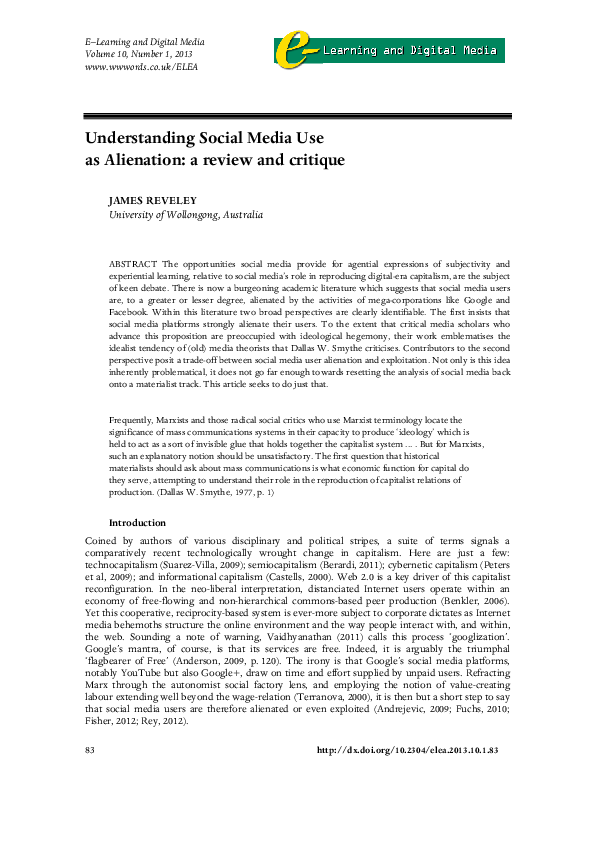 (PDF) Understanding Social Media Use as Alienation: A Review and Critique