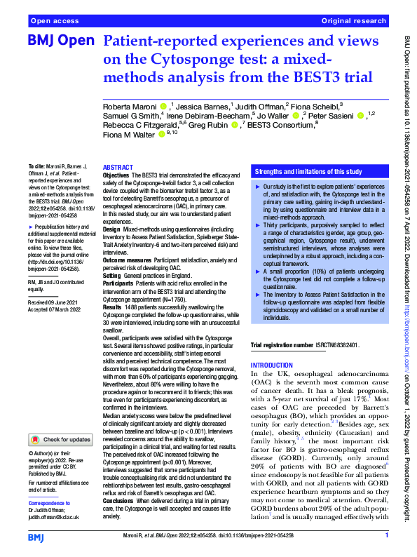 (PDF) Patient-reported experiences and views on the Cytosponge test: a ...