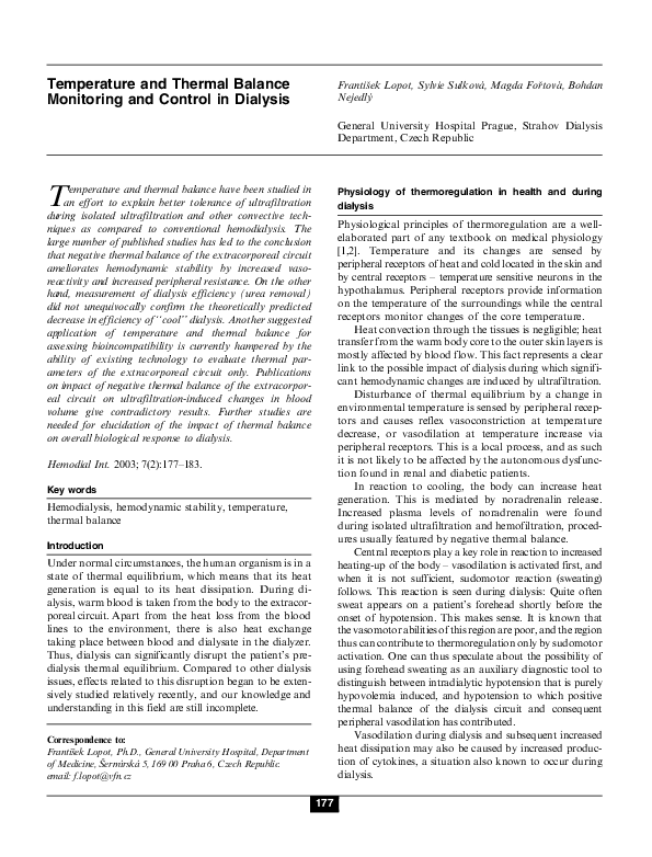 (PDF) Temperature and Thermal Balance Monitoring and Control in Dialysis