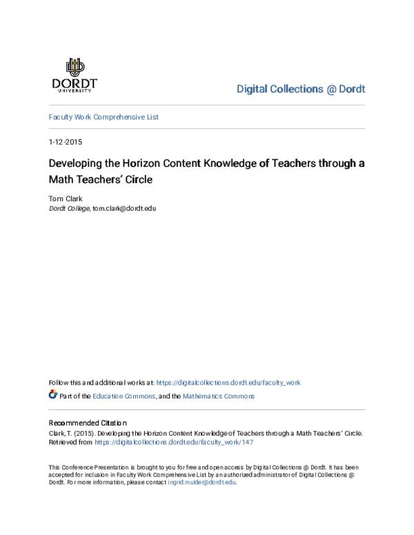 (PDF) Developing the Horizon Content Knowledge of Teachers through a ...