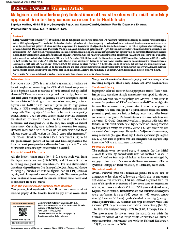 (PDF) Malignant and borderline phyllodes tumor of breast treated with a ...