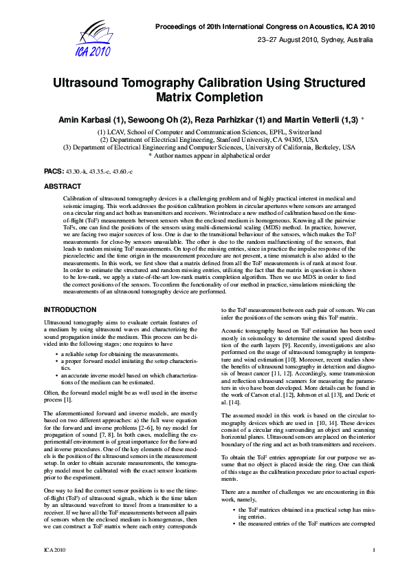 (PDF) Ultrasound tomography calibration using structured matrix completion