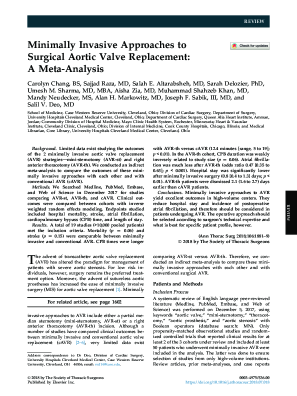 (PDF) Minimally Invasive Approaches to Surgical Aortic Valve Replacement: A Meta-Analysis