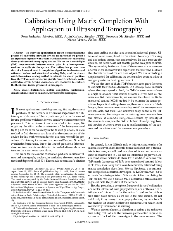 (PDF) Calibration Using Matrix Completion With Application to Ultrasound Tomography