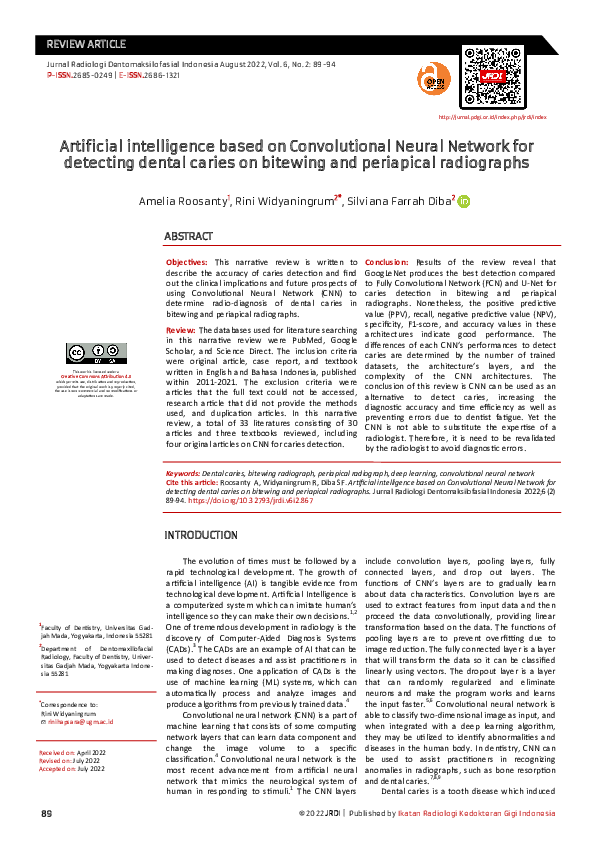 (PDF) Artificial intelligence based on Convolutional Neural Network for detecting dental caries ...