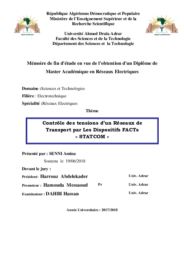 (PDF) Contrôle des tensions d’un Réseaux de Transport par Les ...