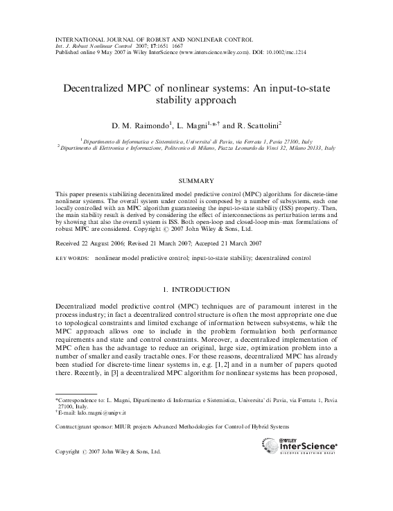(PDF) Decentralized MPC of nonlinear systems: An input-to-state ...