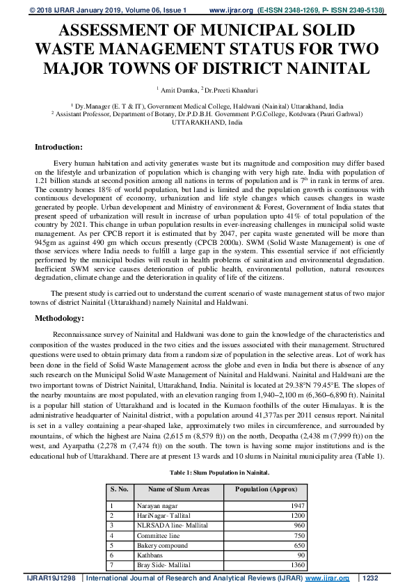(PDF) ASSESSMENT OF MUNICIPAL SOLID WASTE MANAGEMENT STATUS FOR TWO ...