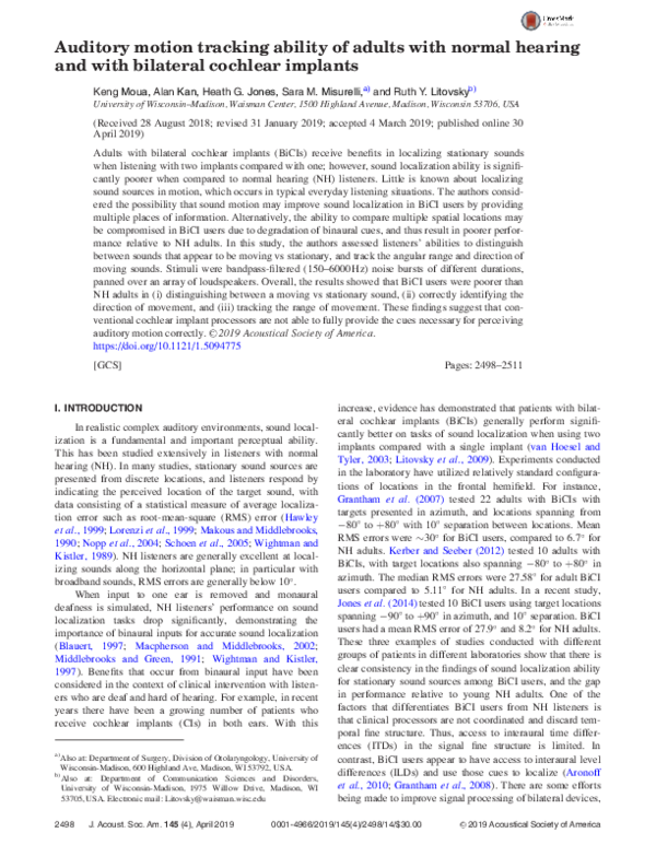 (PDF) Auditory motion tracking ability of adults with normal hearing and with bilateral cochlear ...
