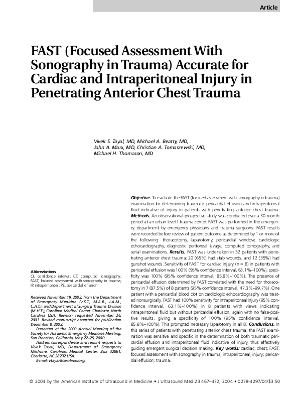 (PDF) FAST (Focused Assessment With Sonography in Trauma) Accurate for ...