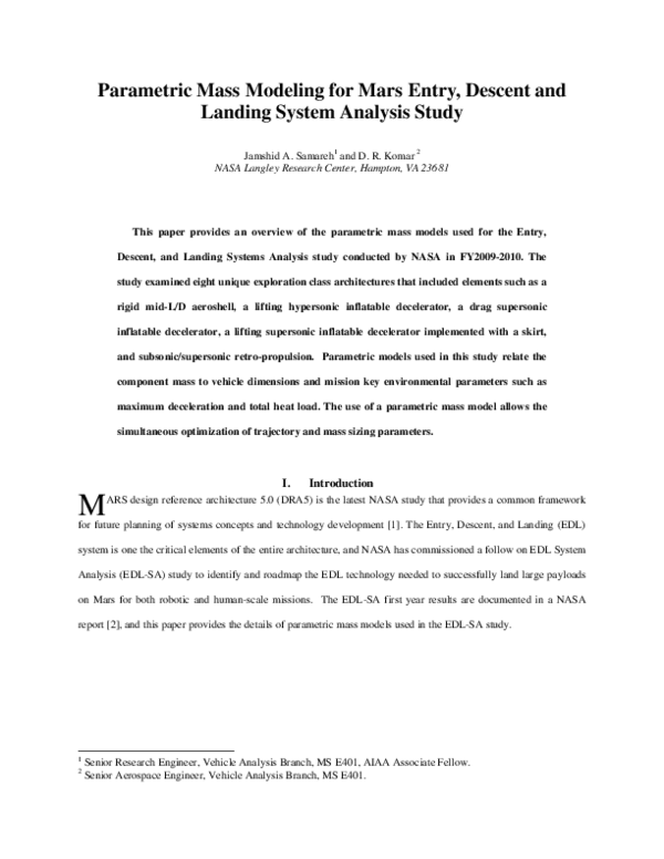 (PDF) Parametric Mass Modeling for Mars Entry, Descent and Landing ...