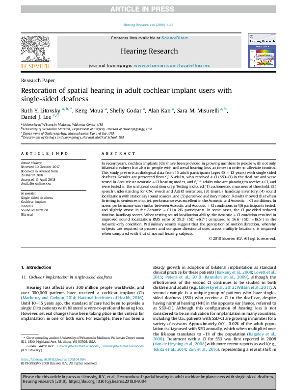 (PDF) Restoration of spatial hearing in adult cochlear implant users ...