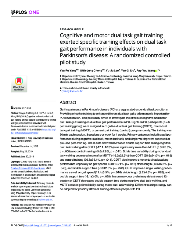 (PDF) Cognitive and motor dual task gait training exerted specific training effects on dual task ...