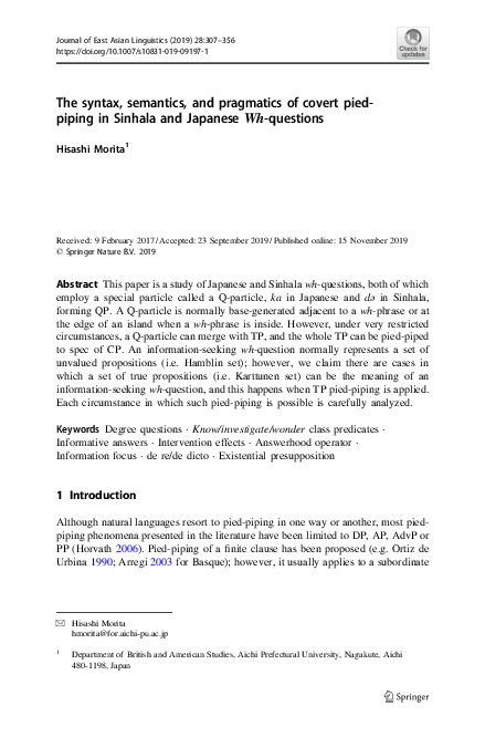 (PDF) The syntax, semantics, and pragmatics of covert pied-piping in Sinhala and Japanese Wh ...