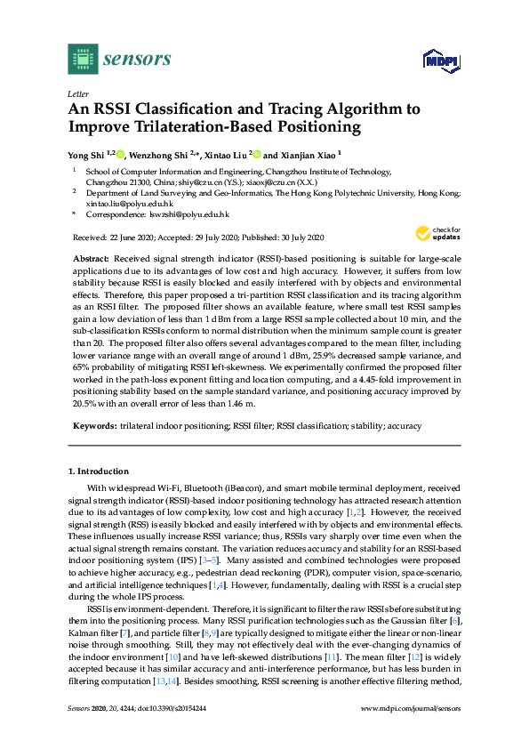Pdf An Rssi Classification And Tracing Algorithm To Improve Trilateration Based Positioning