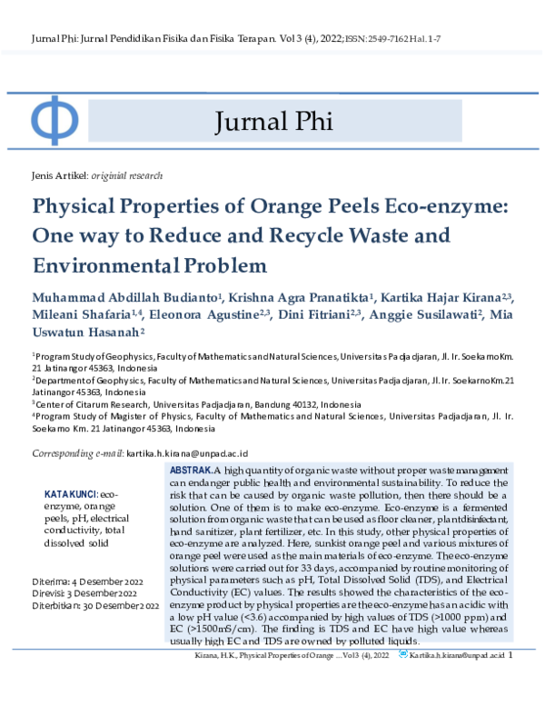 (PDF) Physical Properties of Orange Peels Eco-enzyme: One way to Reduce ...