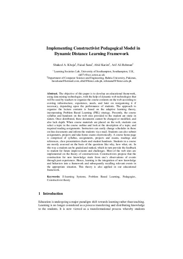 (PDF) Implementing Constructivist Pedagogical Model in Dynamic Distance Learning Framework