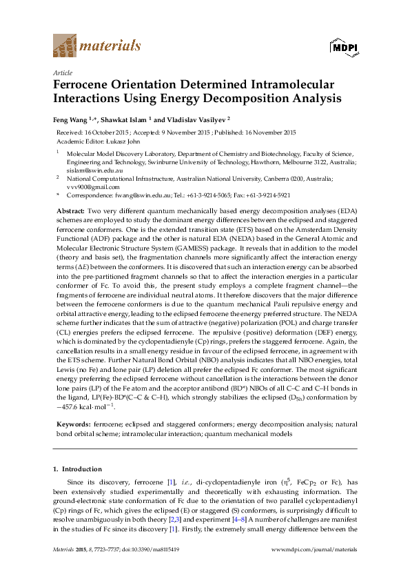 (PDF) Ferrocene Orientation Determined Intramolecular Interactions Using Energy Decomposition ...