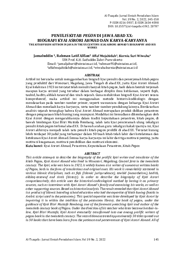 (PDF) Penulis Kitab Pegon di Jawa Abad XX: Biografi Kyai Asrori Ahmad ...