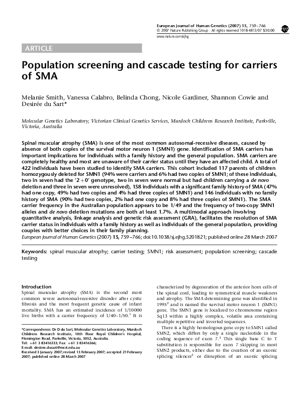 (PDF) Population screening and cascade testing for carriers of SMA