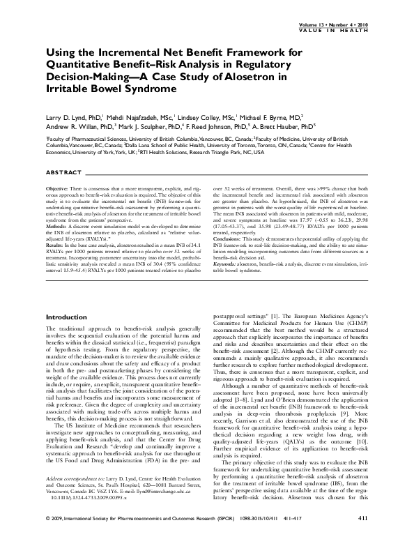 (PDF) Using the Incremental Net Benefit Framework for Quantitative Benefit–Risk Analysis in ...