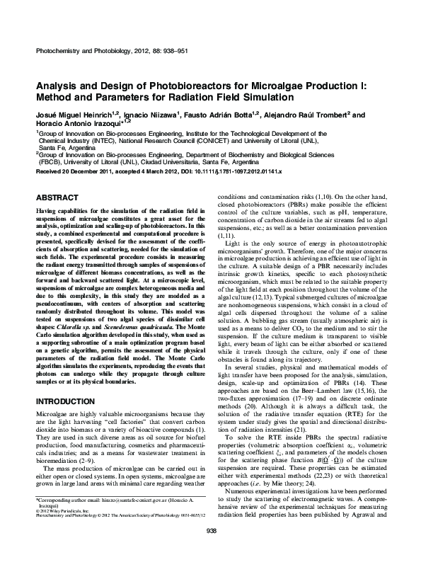 (PDF) Analysis and Design of Photobioreactors for Microalgae Production I: Method and Parameters ...