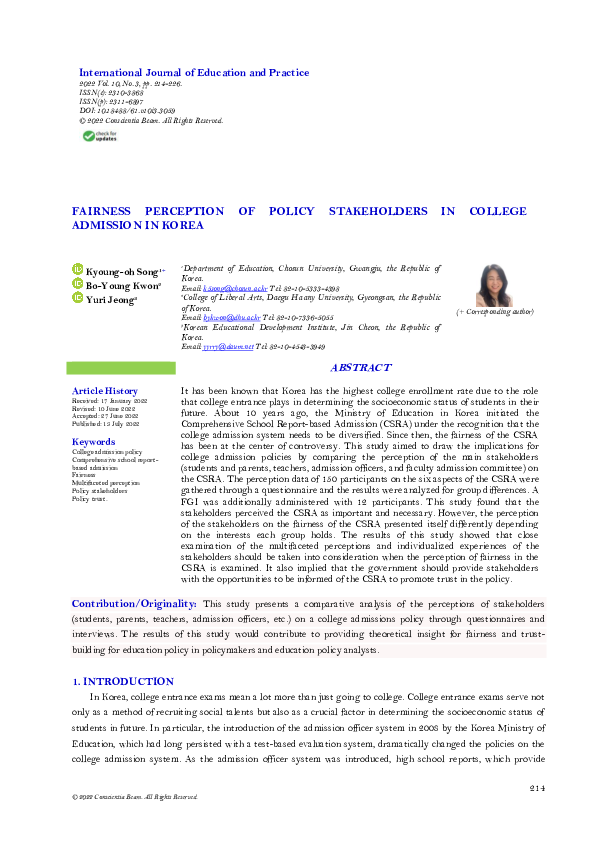 (PDF) Fairness Perception of Policy Stakeholders in College Admission ...