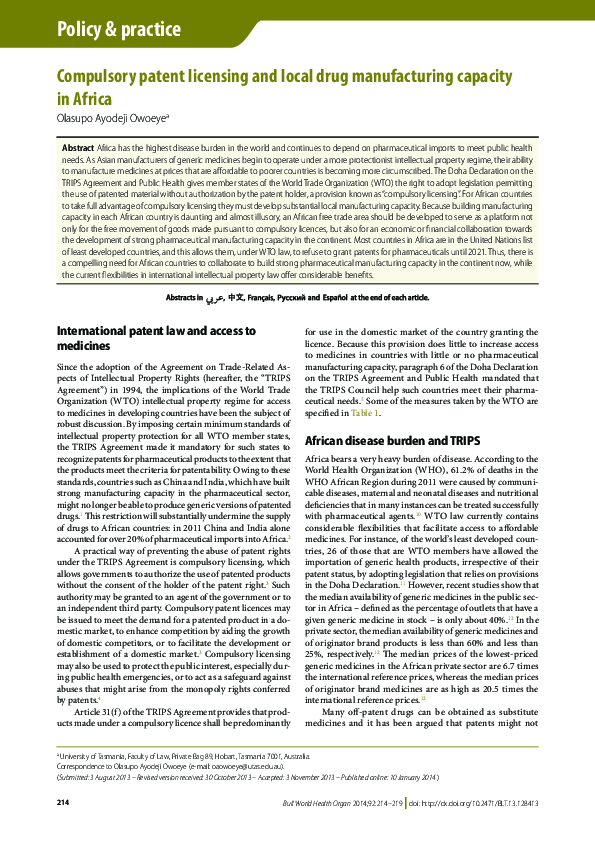 (PDF) Compulsory patent licensing and local drug manufacturing capacity ...
