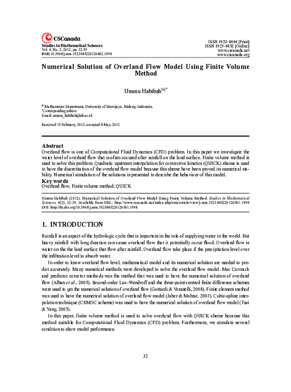 Pdf Finite Volume Method For Overland Flow Simulation