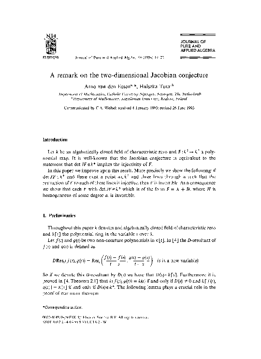 (PDF) A remark on the two-dimensional Jacobian conjecture