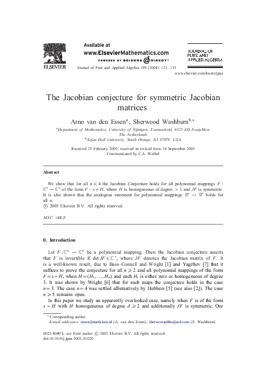 (PDF) The Jacobian conjecture for symmetric Jacobian matrices