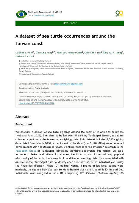 (PDF) A dataset of sea turtle occurrences around the Taiwan coast