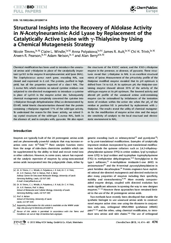 (PDF) Structural Insights into the Recovery of Aldolase Activity inN ...