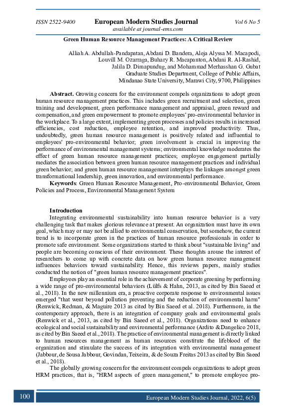 Pdf Green Human Resource Management Practices A Critical Review