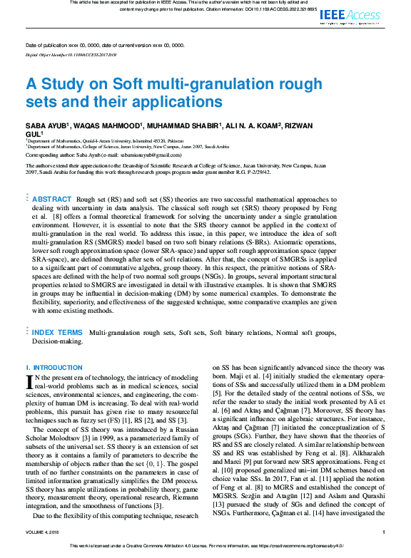 (PDF) A Study on Soft multi-granulation rough sets and their applications