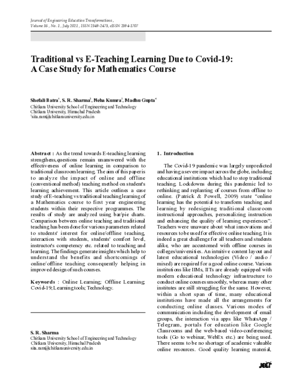 (PDF) Traditional vs E-Teaching Learning Due to Covid-19: A Case Study ...