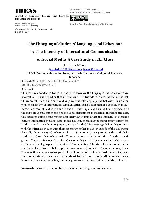 (PDF) The Changing of Students' Language and Behaviour by the Intensity ...