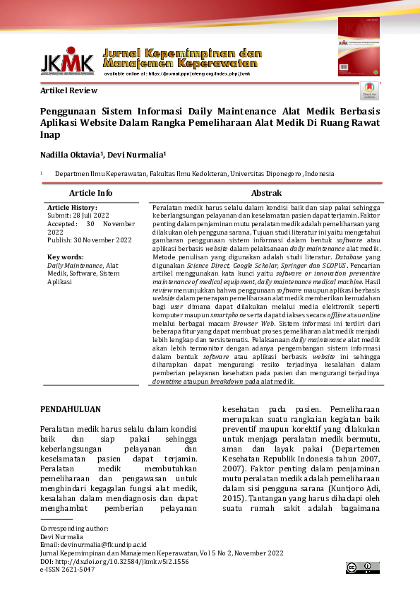 (PDF) Penggunaan Sistem Informasi Daily Maintenance Alat Medik Berbasis ...