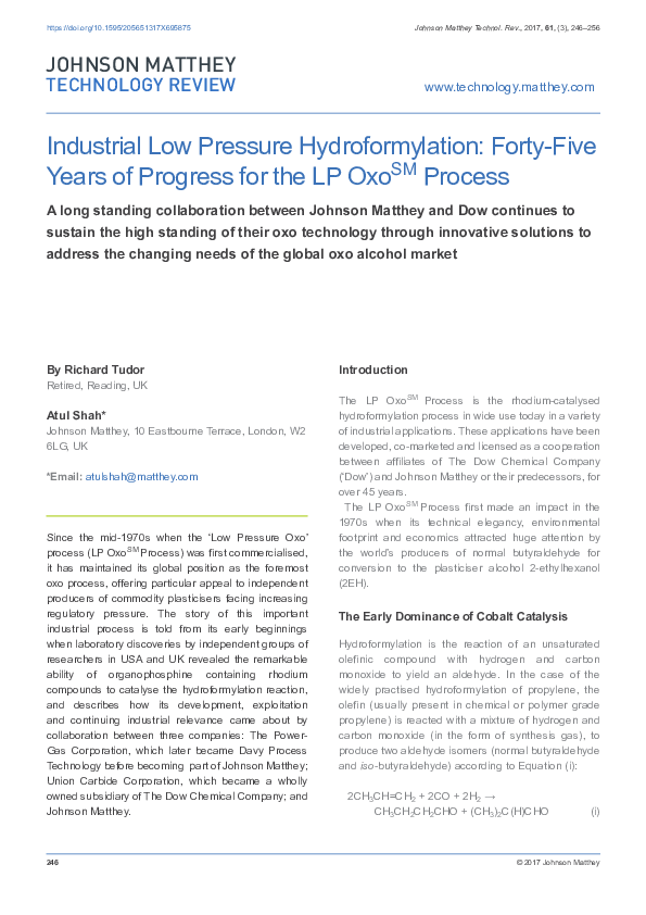 (PDF) Industrial Low Pressure Hydroformylation: Forty-Five Years of ...